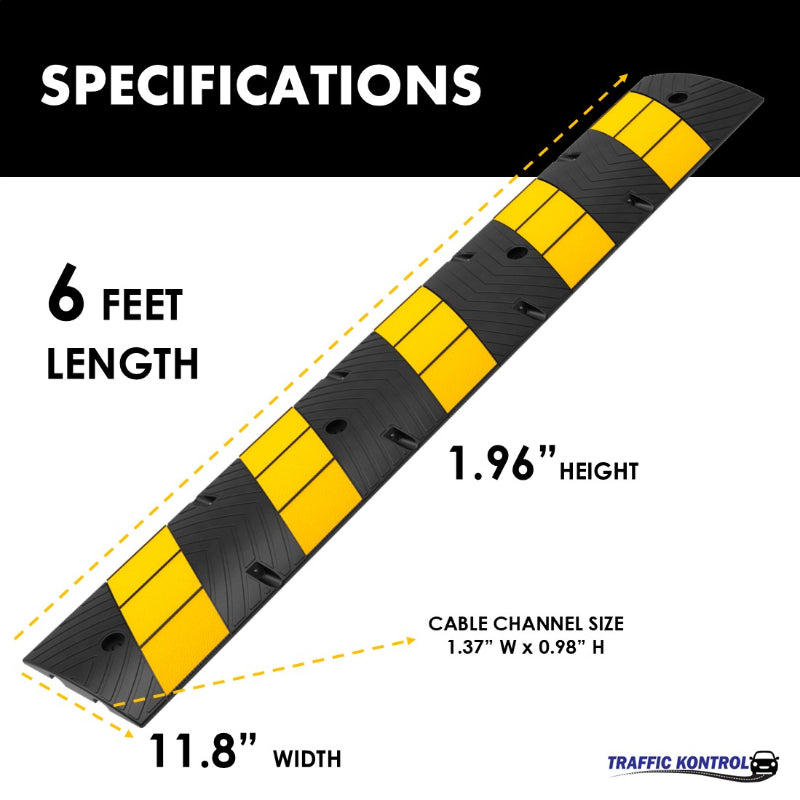 Rubber Speed Bump - 6 Feet Long - With End Caps & Spikes - Yellow Black